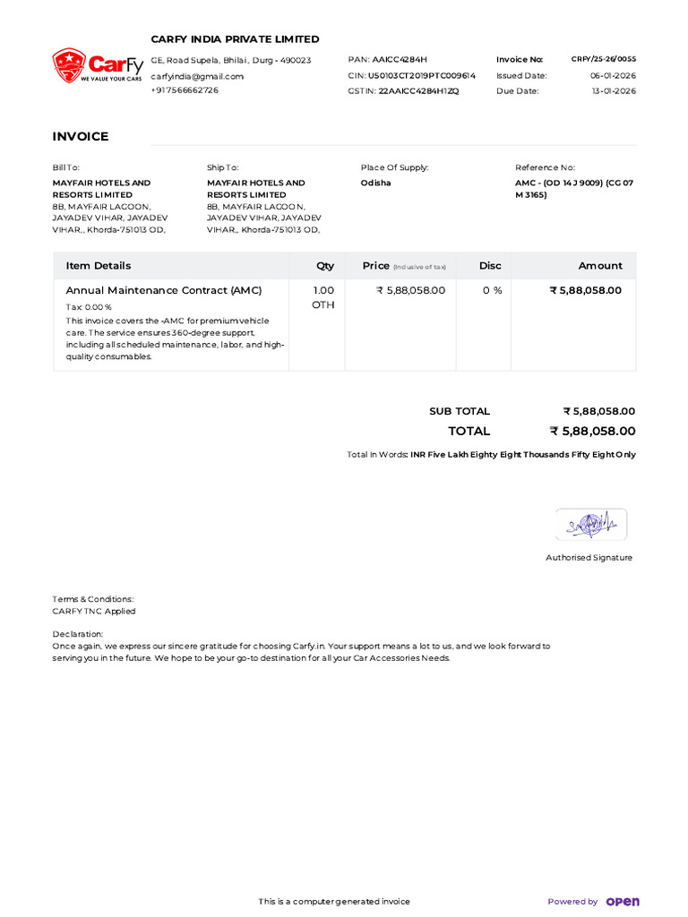 Carfy India Invoice for AMC Services | PDF