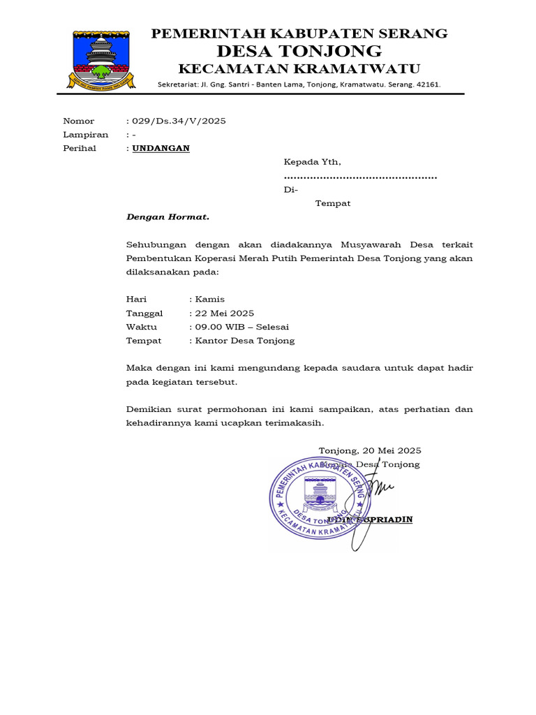 Undangan Musyawarah Desa Tonjong 2025 | PDF