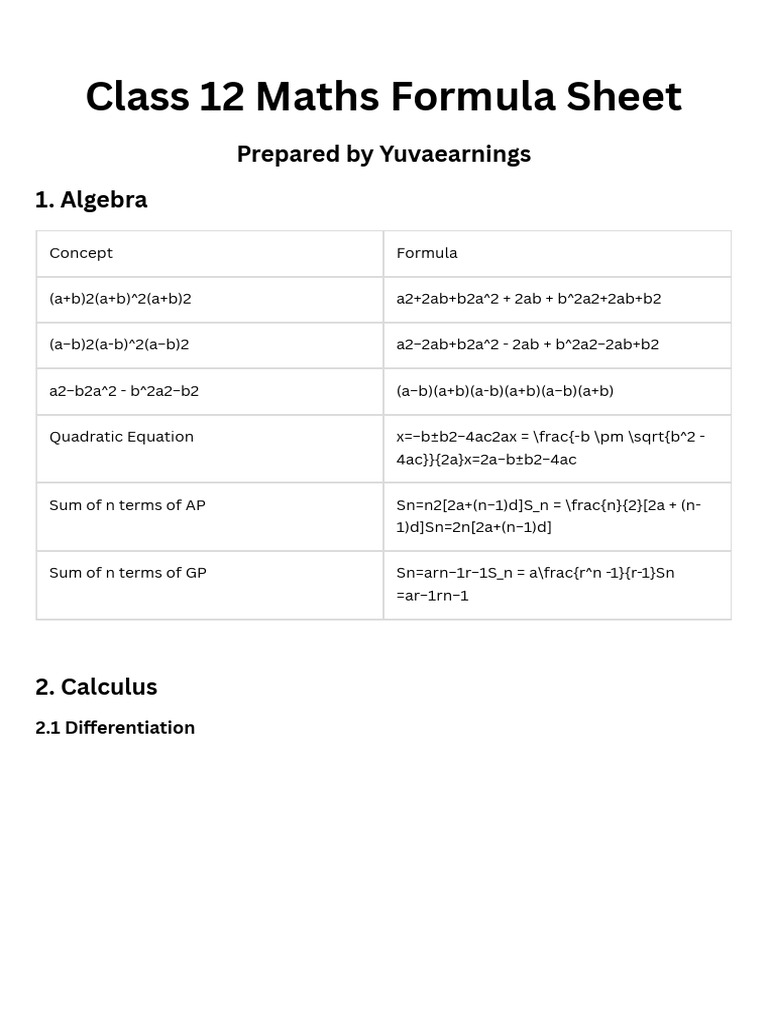 Class 12 Maths Formula Sheet | PDF | Matrix (Mathematics) | Determinant