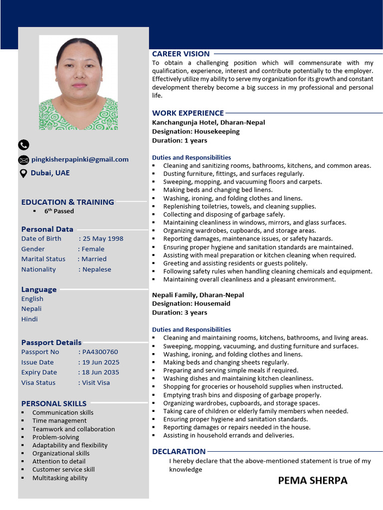 Pema Sherpa Resume | PDF | Housekeeping | Hygiene