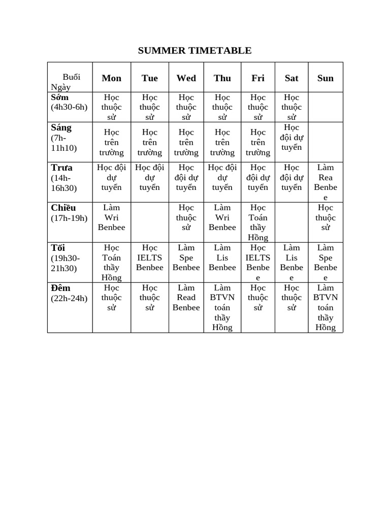 Summer Timetable | PDF