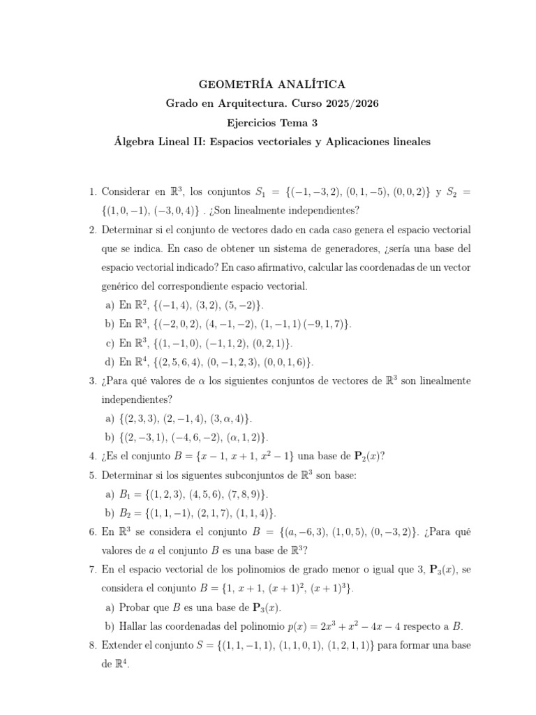 Ejercicios Espacios Vectoriales Pdf Espacio Vectorial Vector
