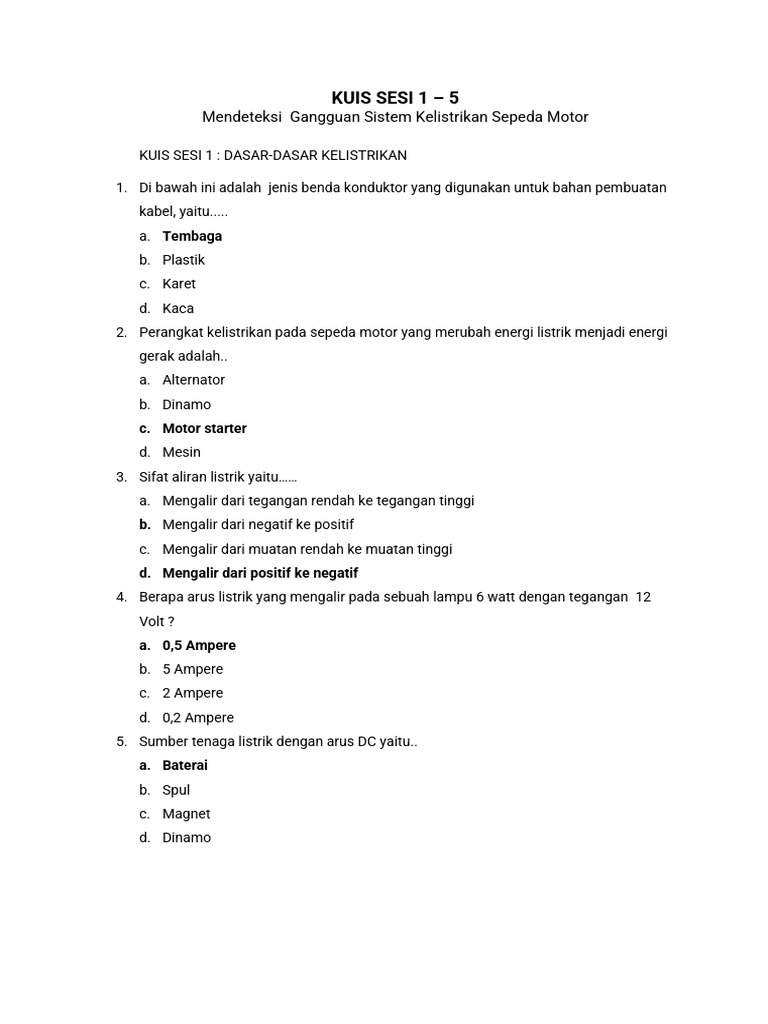 Kuis Kelistrikan Sepeda Motor: 5 Sesi | PDF
