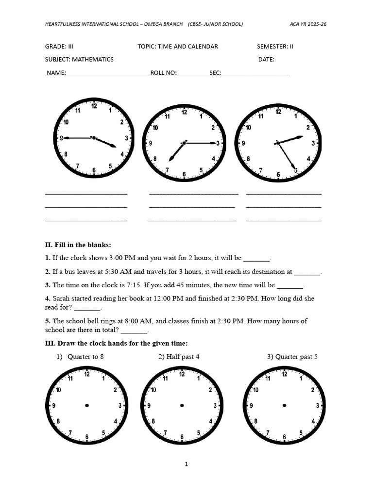 Grade III Time and Calendar Worksheet | PDF