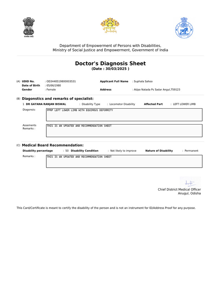 Doctor's Disability Diagnosis Sheet | PDF