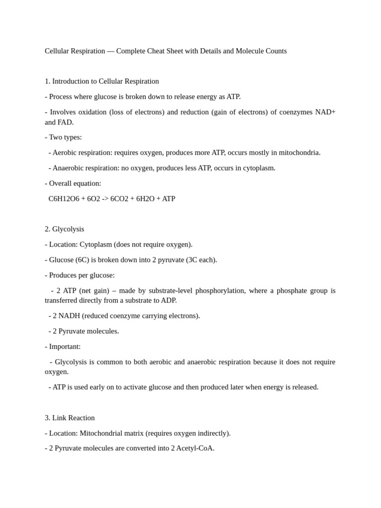 Cellular Respiration Cheat Sheet: ATP Yield | PDF | Cellular ...