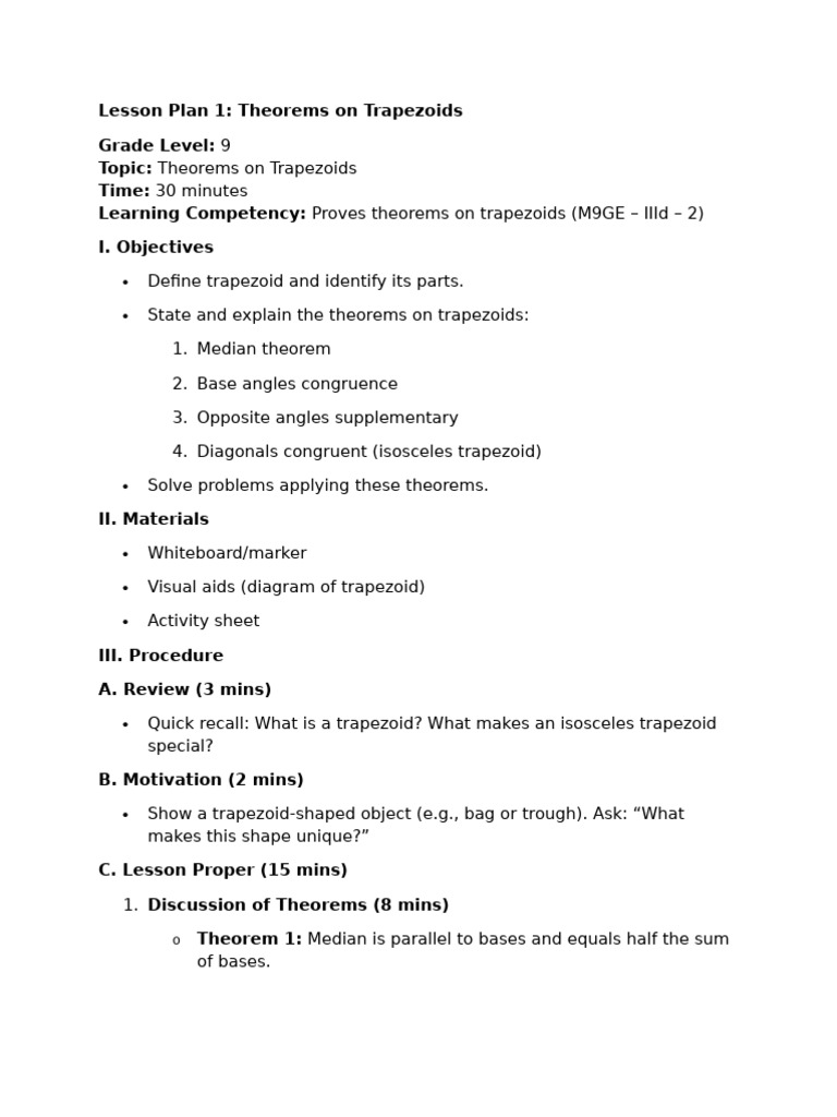 Lesson Plan Theorems on Trapezoids and Kites | PDF | Area | Euclidean ...