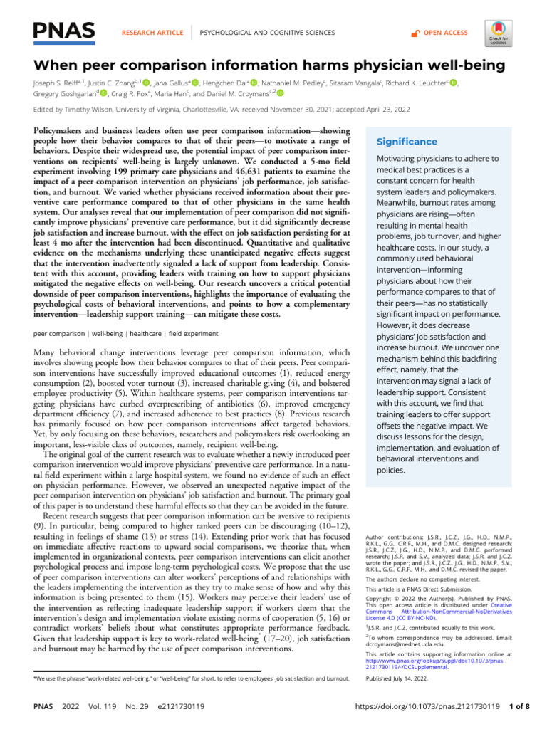 When Peer Comparison Information Harms Physician Wellbeing 2022 ...