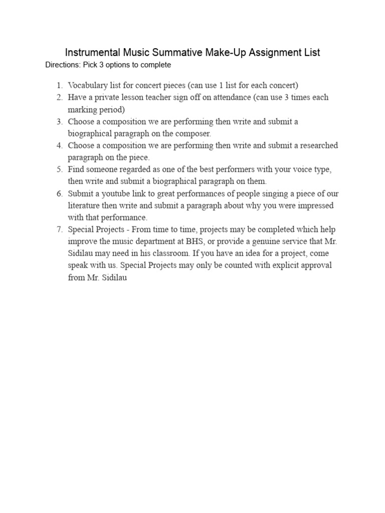 Summative Make-Up Assignments Instrumental | PDF