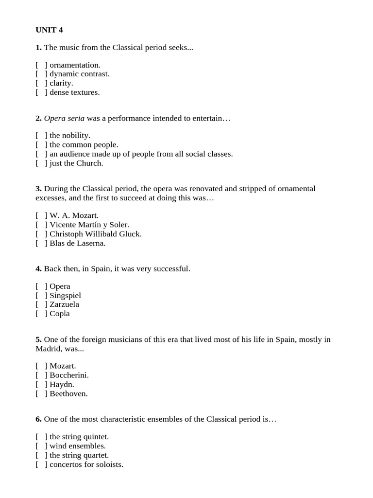 Unit 4 Activities | PDF | Classical Period (Music) | Performing Arts