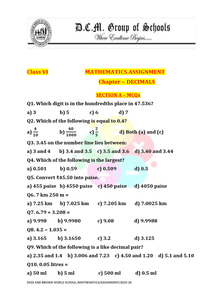 6th Maths Assignment 2 (Chapter - Decimals) | PDF | Elementary Mathematics | Discrete Mathematics