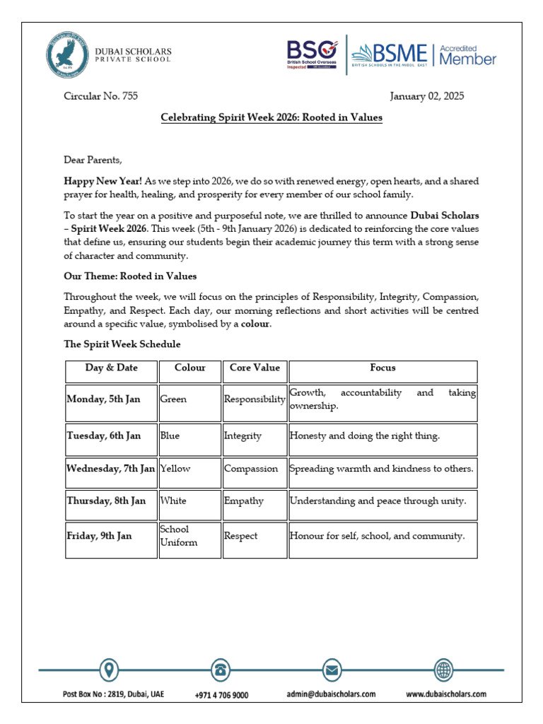 Spirit Week 2026: Values Celebration | PDF