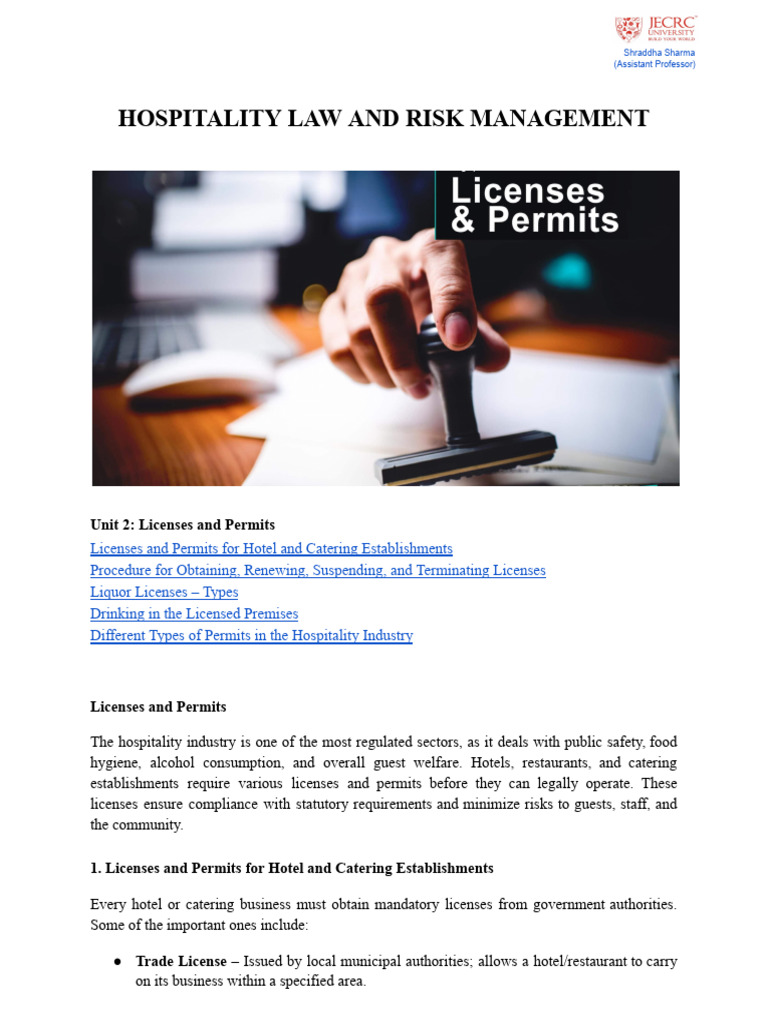 Unit 2 - Hospitality Law and Risk Management | PDF | Alcoholic ...