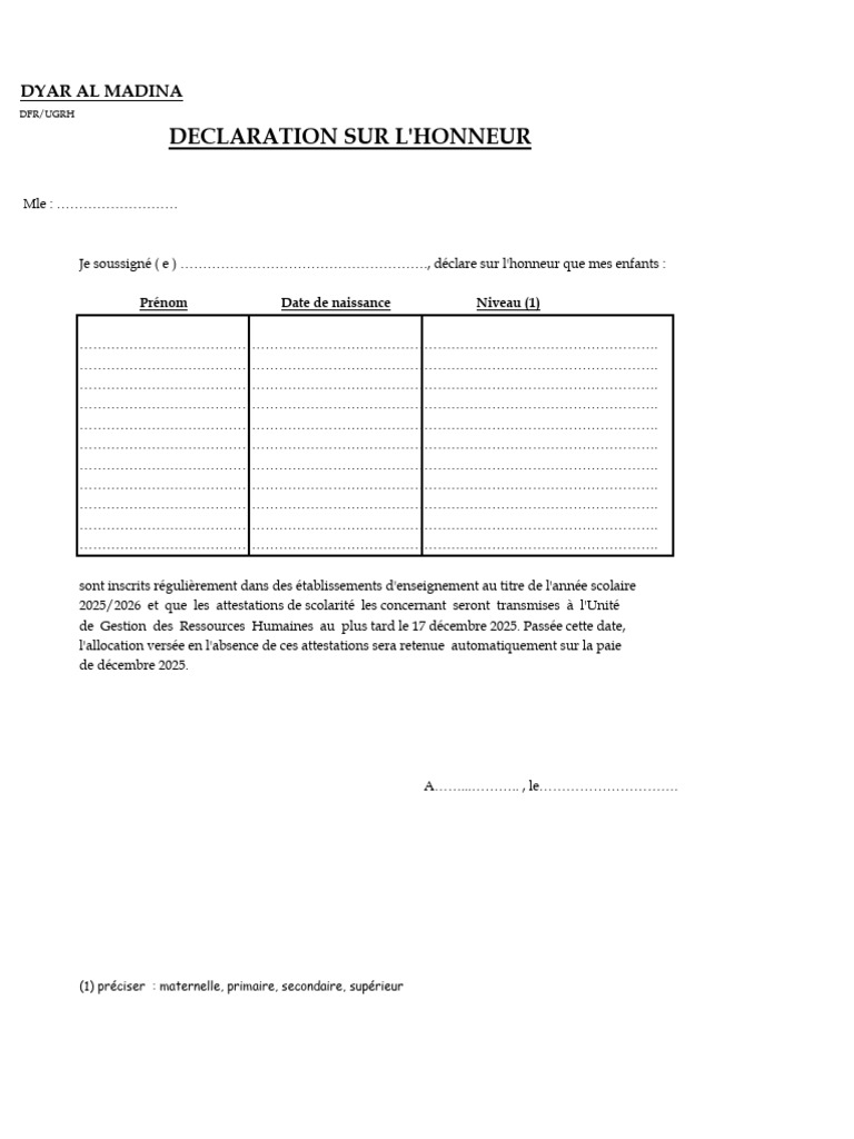Déclaration Sur L'honneur 2025-2026 | PDF