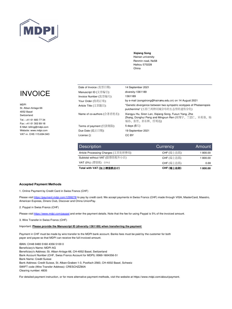 MDPI Invoice for Article Processing | PDF | Payments | Invoice