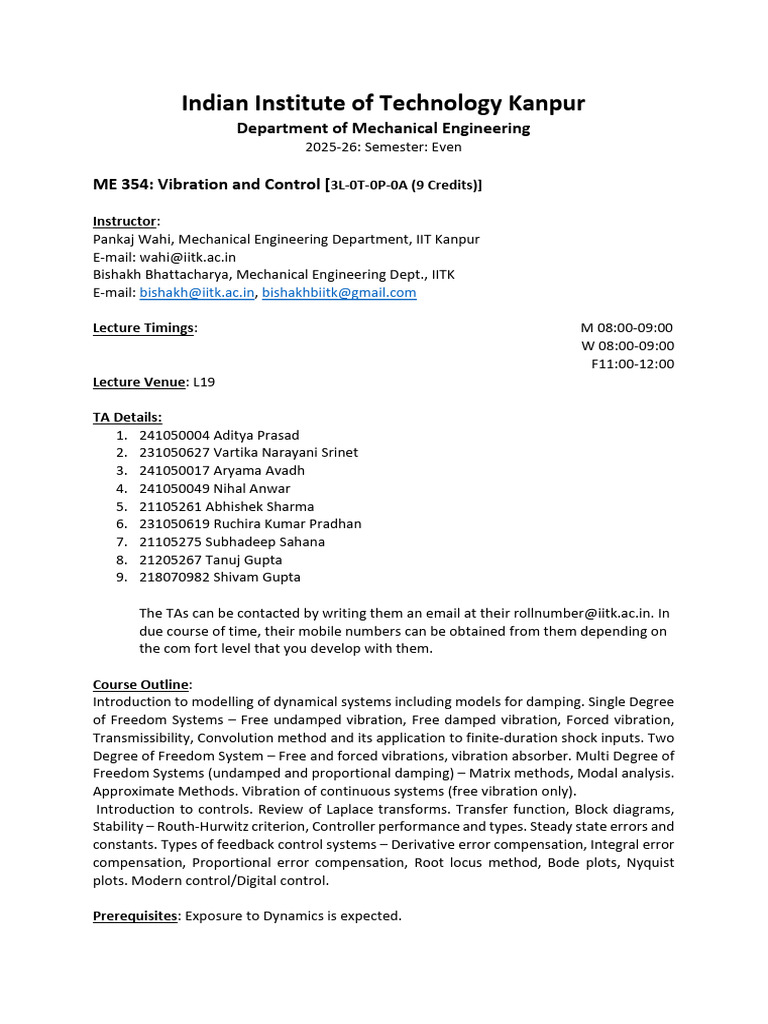 IIT Kanpur ME 354: Vibration & Control Course | PDF | Control Theory ...
