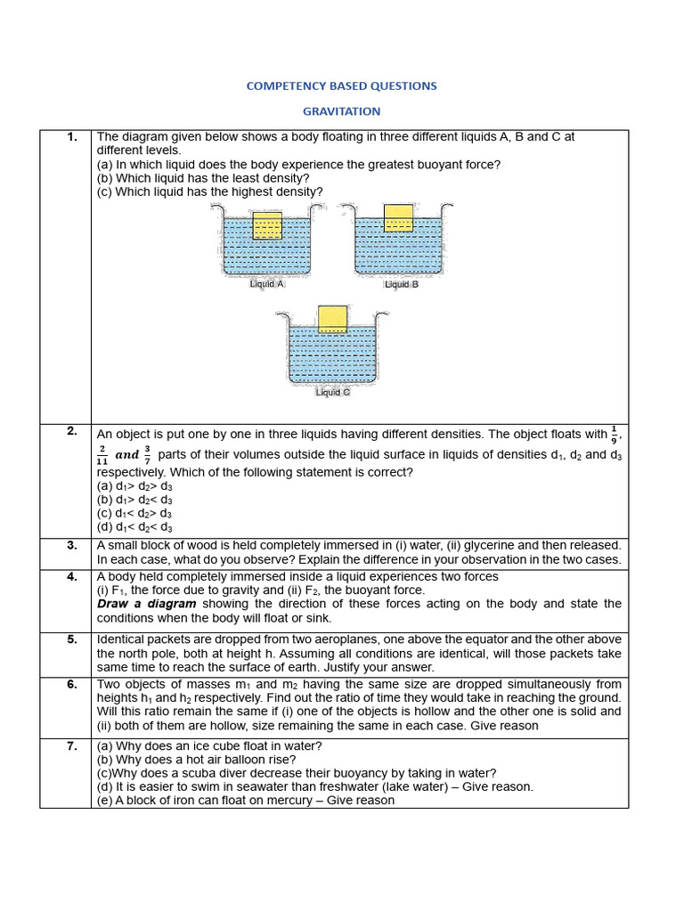 Buoyancy and Density Questions Explained | PDF