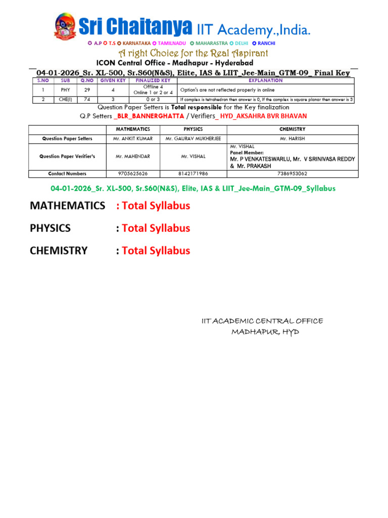 04-01-2026_sr. Xl-500, Sr.s60(n&s), Elite, Ias & Liit_jee-main_gtm-09_final Key | PDF