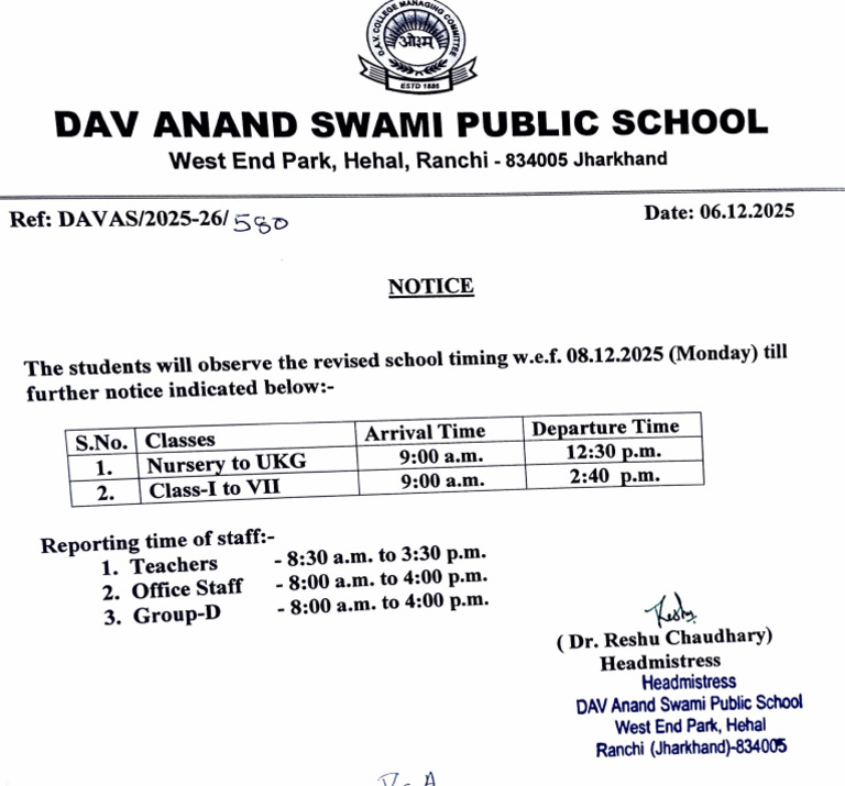School Timing w.e.f. 8-12-25 | PDF