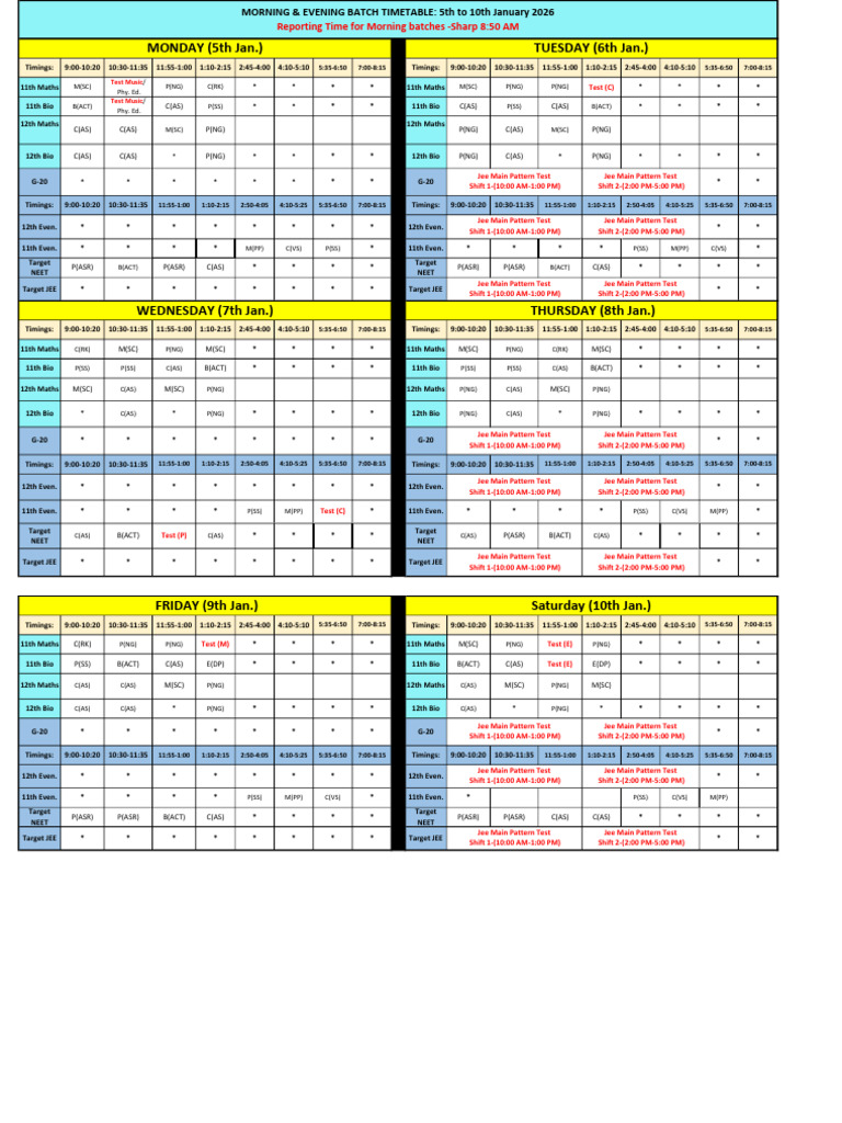 Timetable (5-10 Jan) | PDF | Standardized Tests | Student Assessment ...