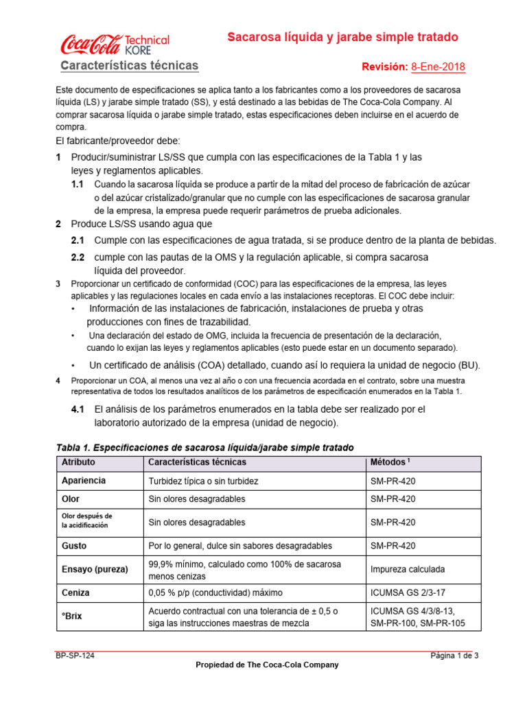BP-SP-124 Liquid Sucrose and Treated Simple Syrup_es | PDF | Coca Cola ...