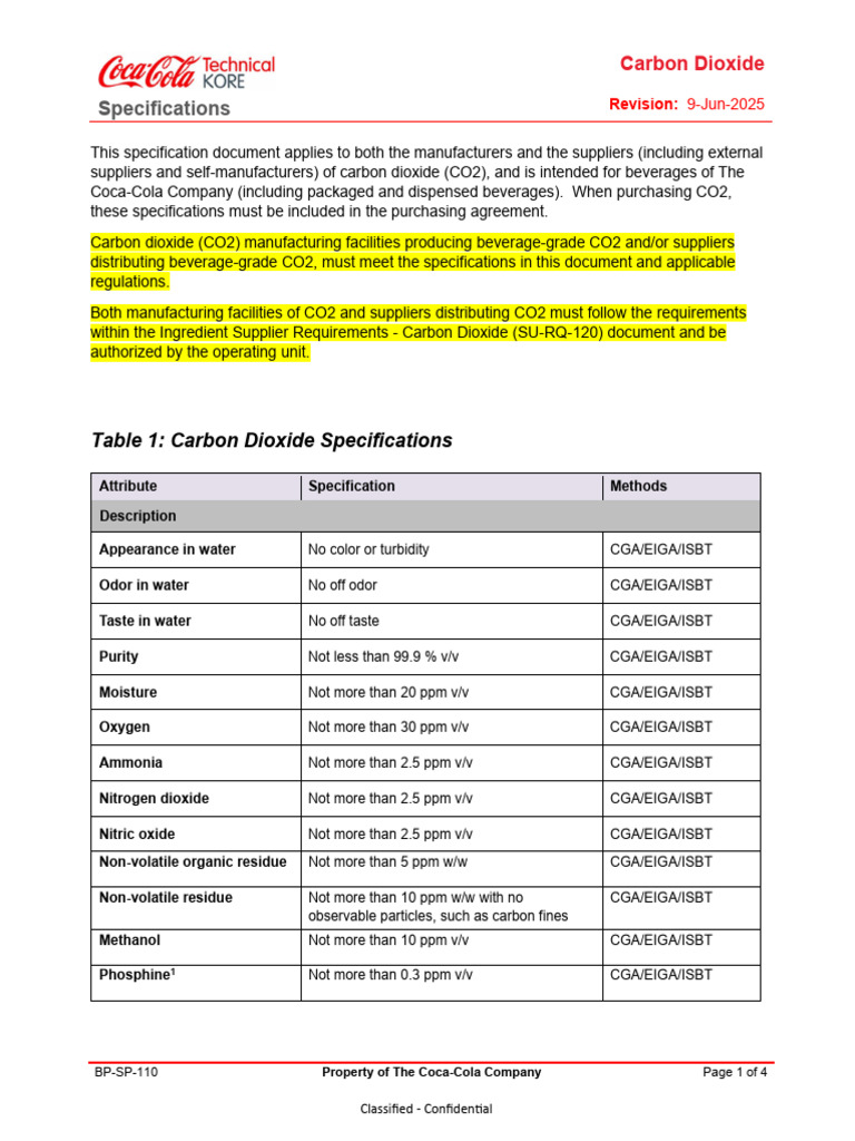 Coca-Cola Carbon Dioxide Specifications | PDF | Oxide | Carbon Dioxide