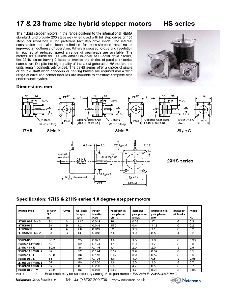 HS Series Stepper Motors Specifications | PDF | Electric Motor ...