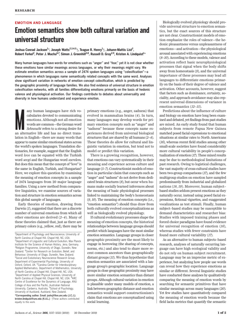 Emotion semantics show both cultural variation anduniversal structure ...