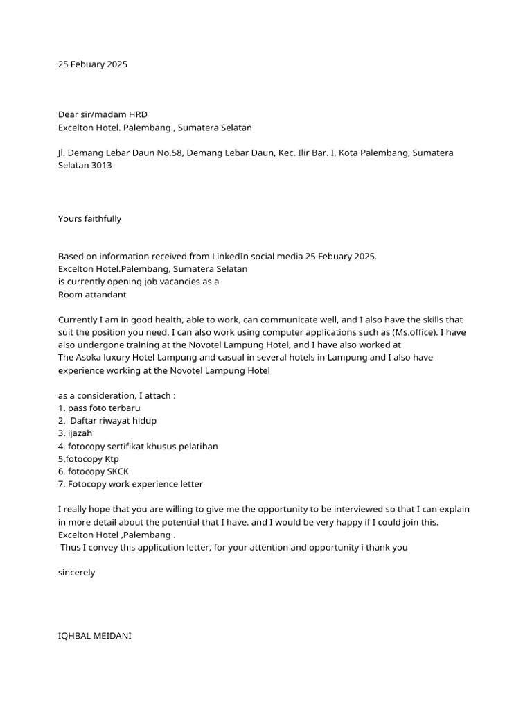 Job Application for Room Attendant at Excelton Hotel | PDF