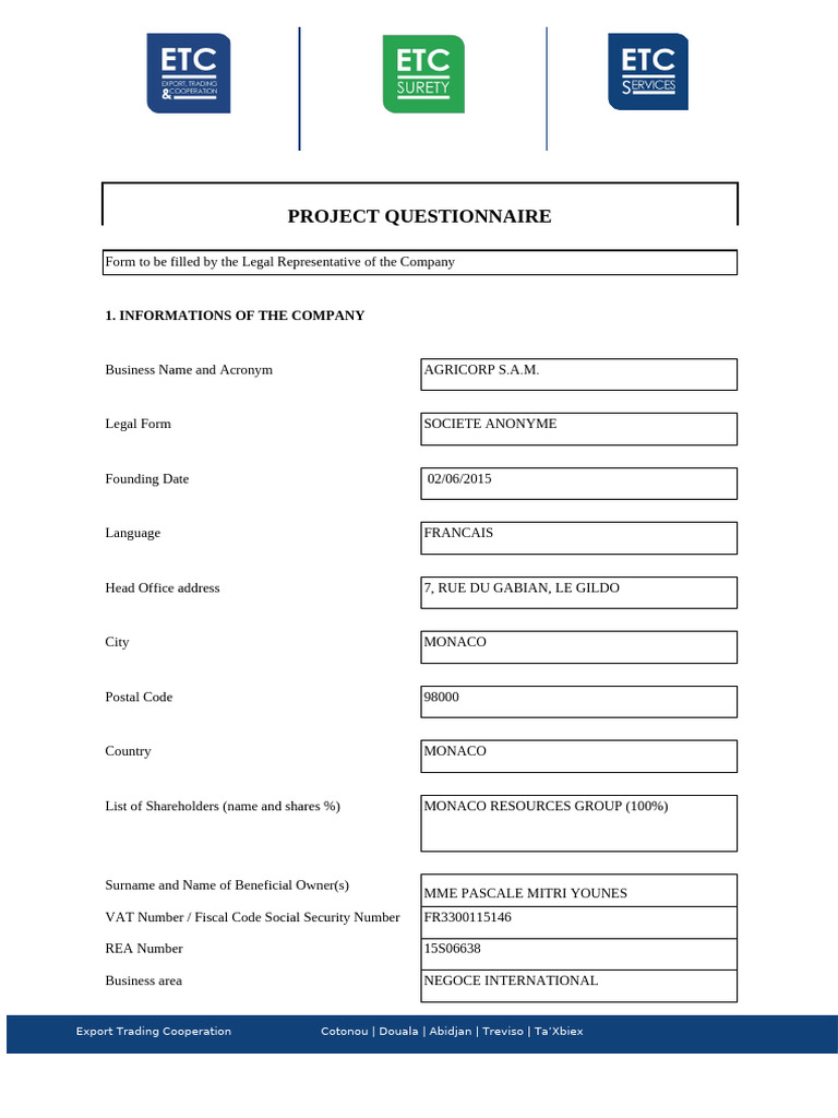 Agricorp Project Questionnaire Form | PDF | Euro | Corruption