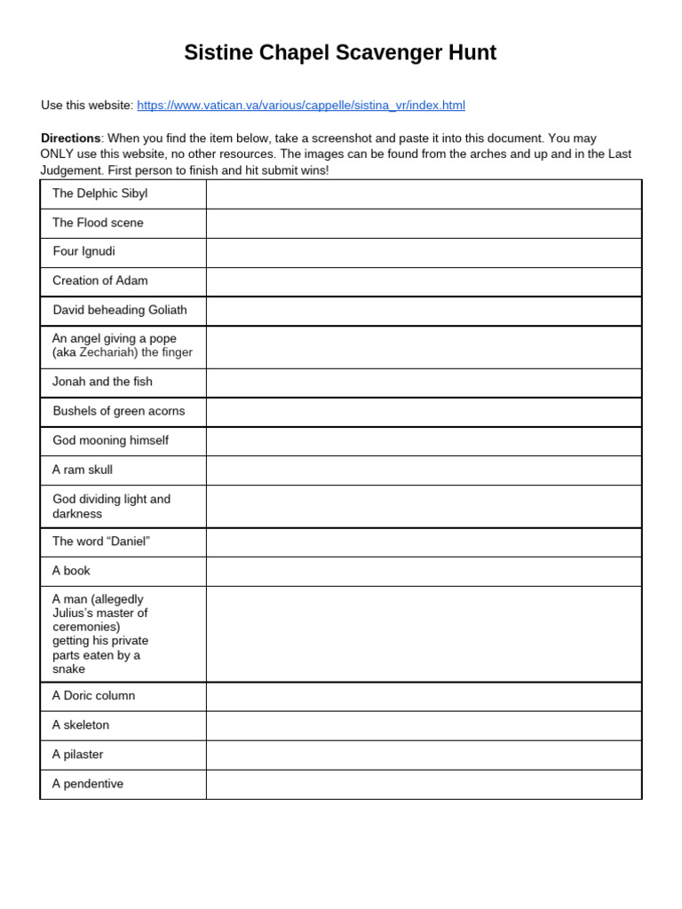 Sistine Chapel Scavenger Hunt | PDF