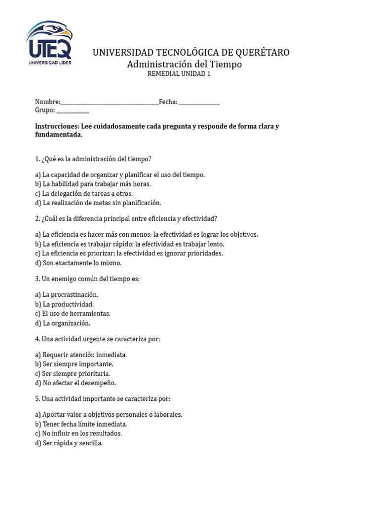 Remedial Unidad 1 Adt | PDF | Gestión del tiempo | Habilidades ...