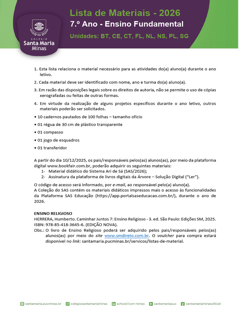 Lista de Material 7o Ano 2026 | PDF