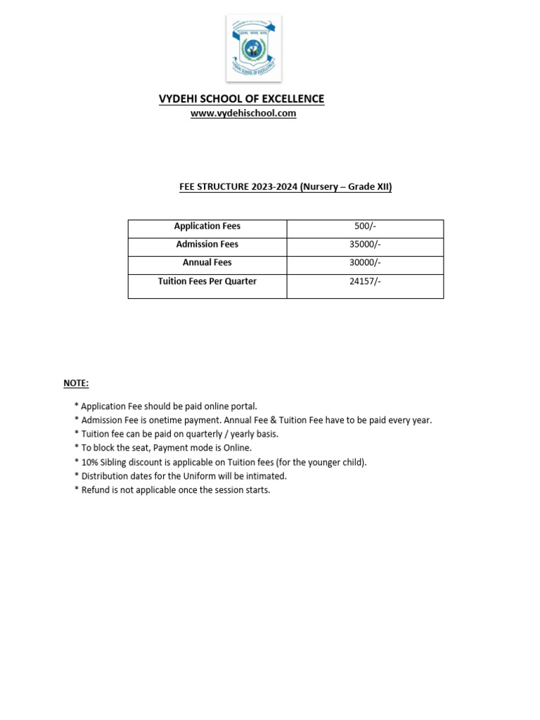 Fee Structure 2023 24 Nursery Grade XI | PDF