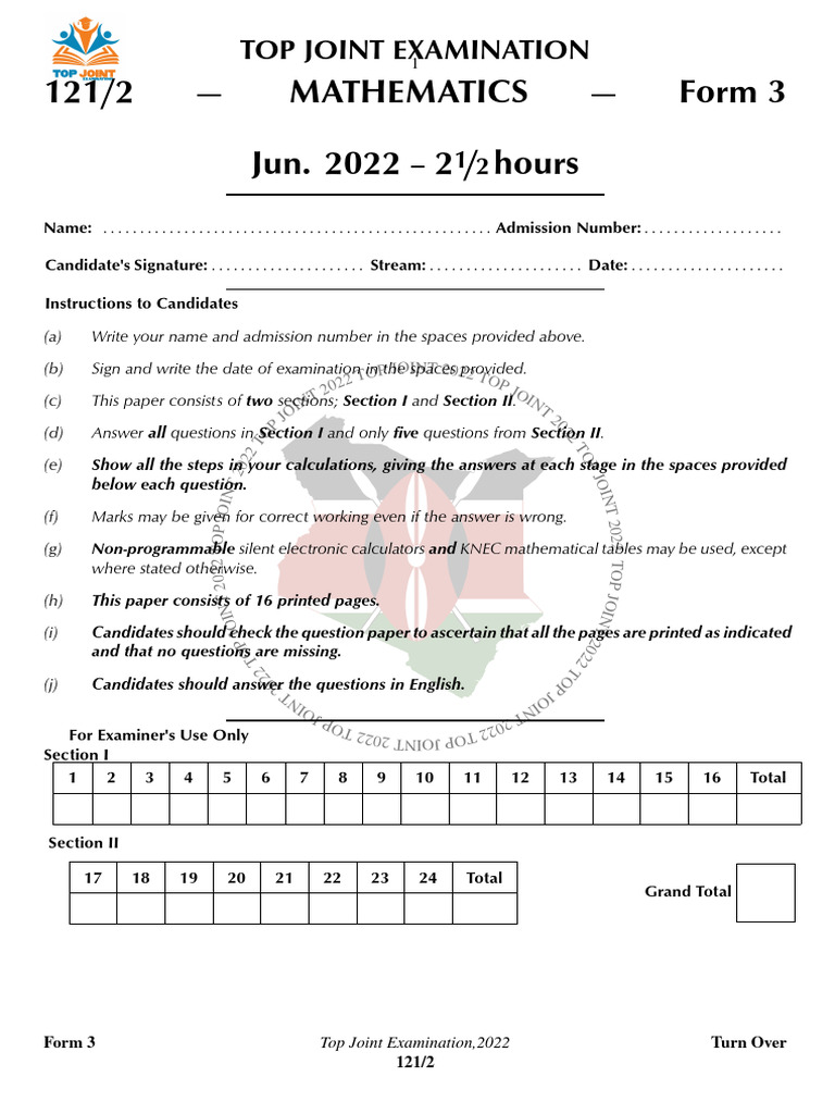 Form 3 Mathematics Top Joint Exam 2022 | PDF | Elementary Geometry ...
