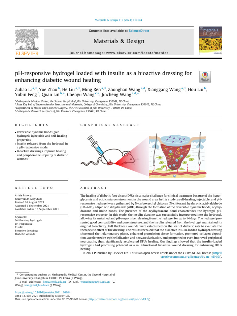 pH-responsive hydrogel loaded with insulin as a bioactive dressing for ...