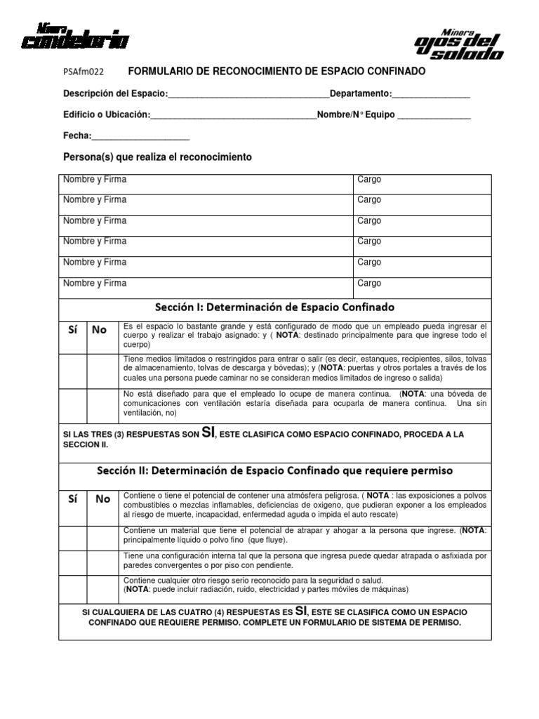 PSAfm022 FORMULARIO DE RECONOCIMIENTO DE ESPACIO CONFINADO | PDF