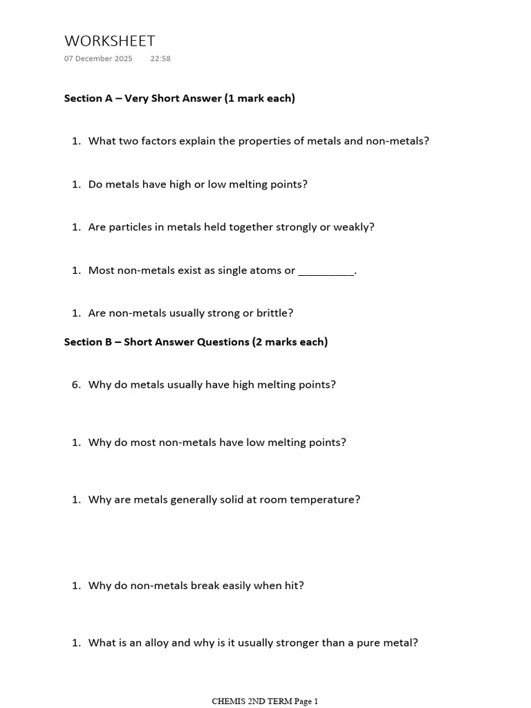 Worksheet: Section A Very Short Answer (1 Mark Each) | PDF