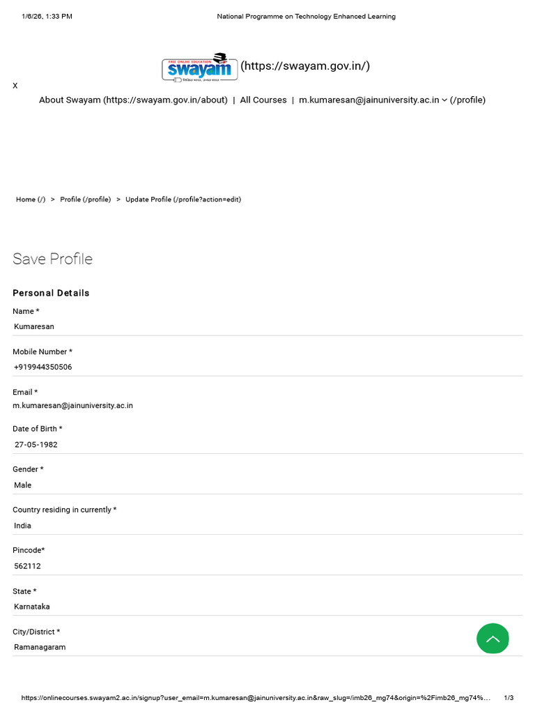 Sample Registration Form SWAYAM | PDF