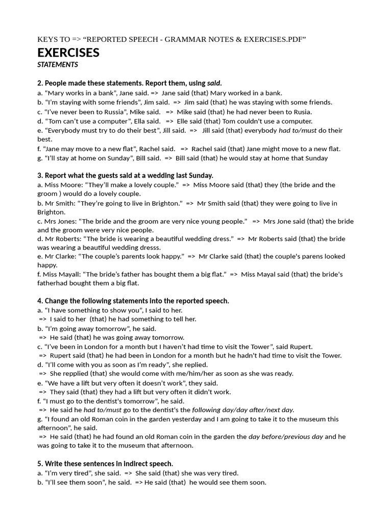 Reported Speech Grammar Exercises | PDF | Bride