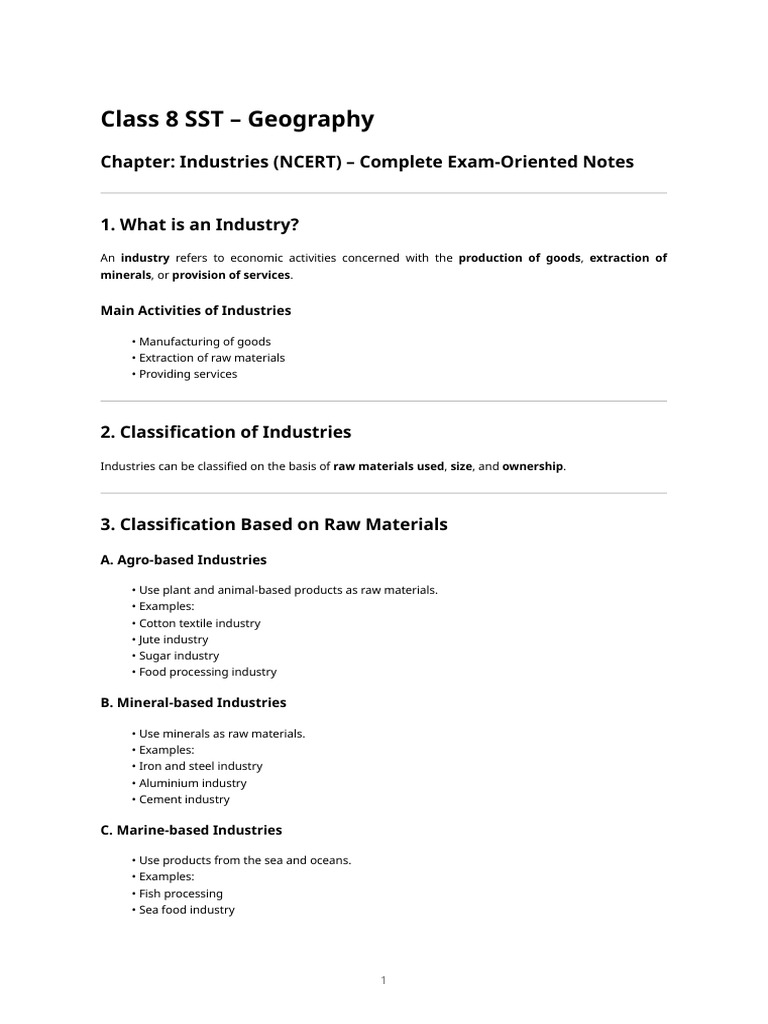Class 8 SST (Geography) - Industries - Complete Ncert Exam Notes | PDF ...