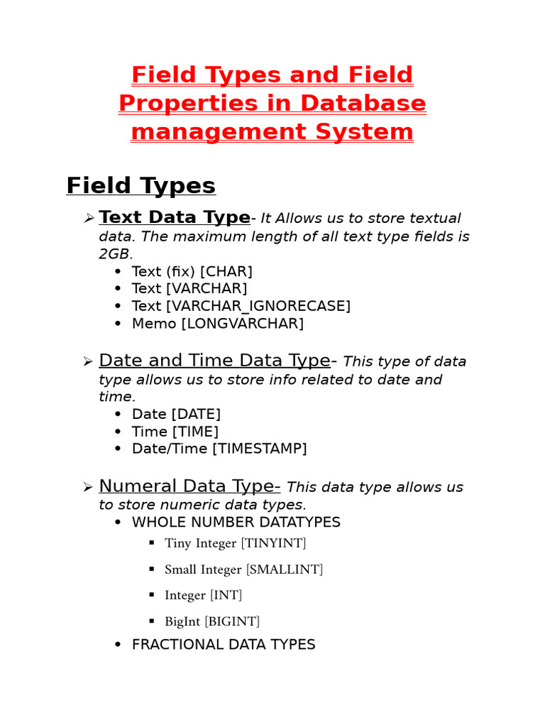 Field Types and Field Properties in Database Management System | PDF