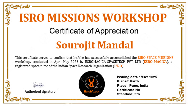 Sourojit Mandal Certificate of ISRO MISSION WORKSHOP by EsroMagica | PDF