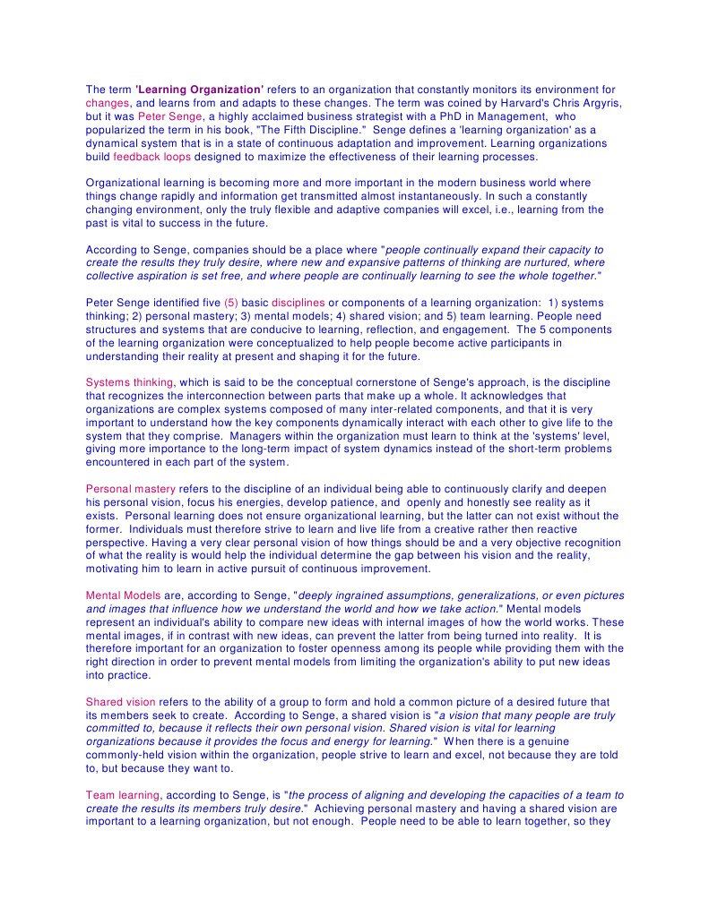 'Learning Organization': Changes Peter Senge | PDF | Systems Thinking ...