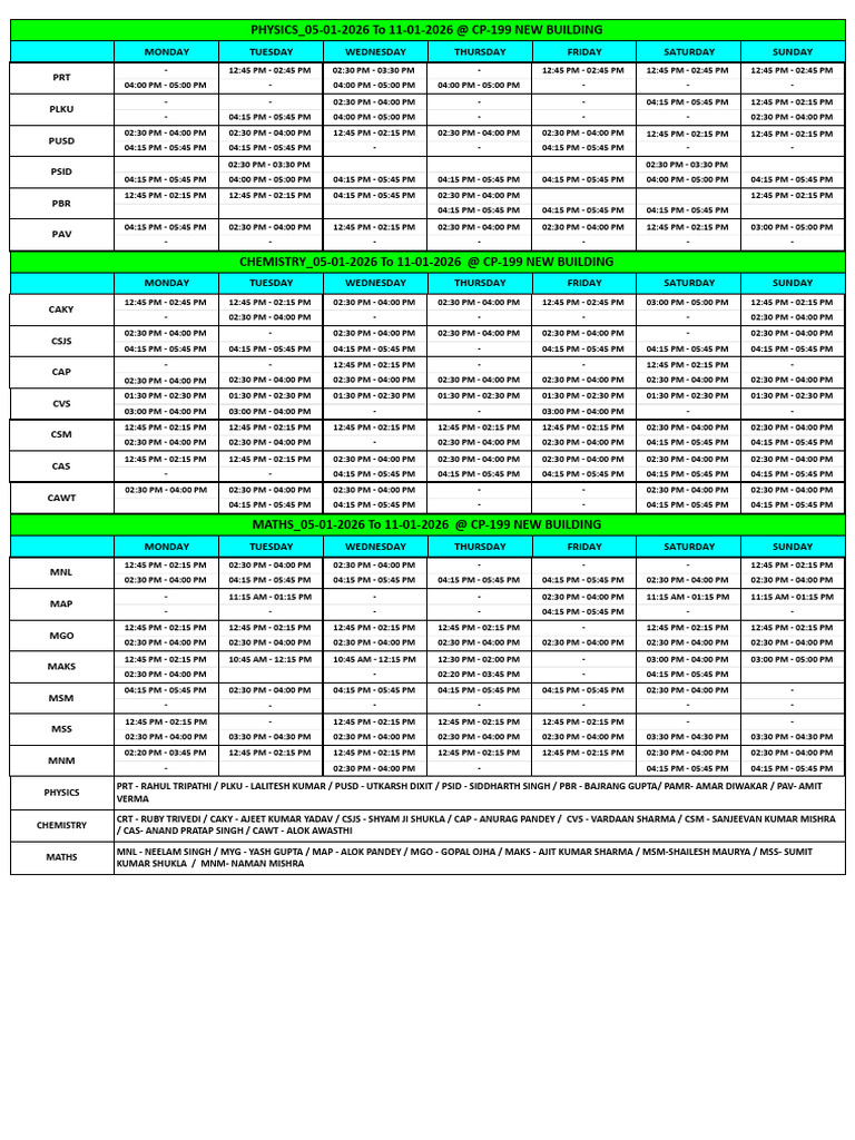 Class Schedule: Physics, Chemistry, Maths | PDF