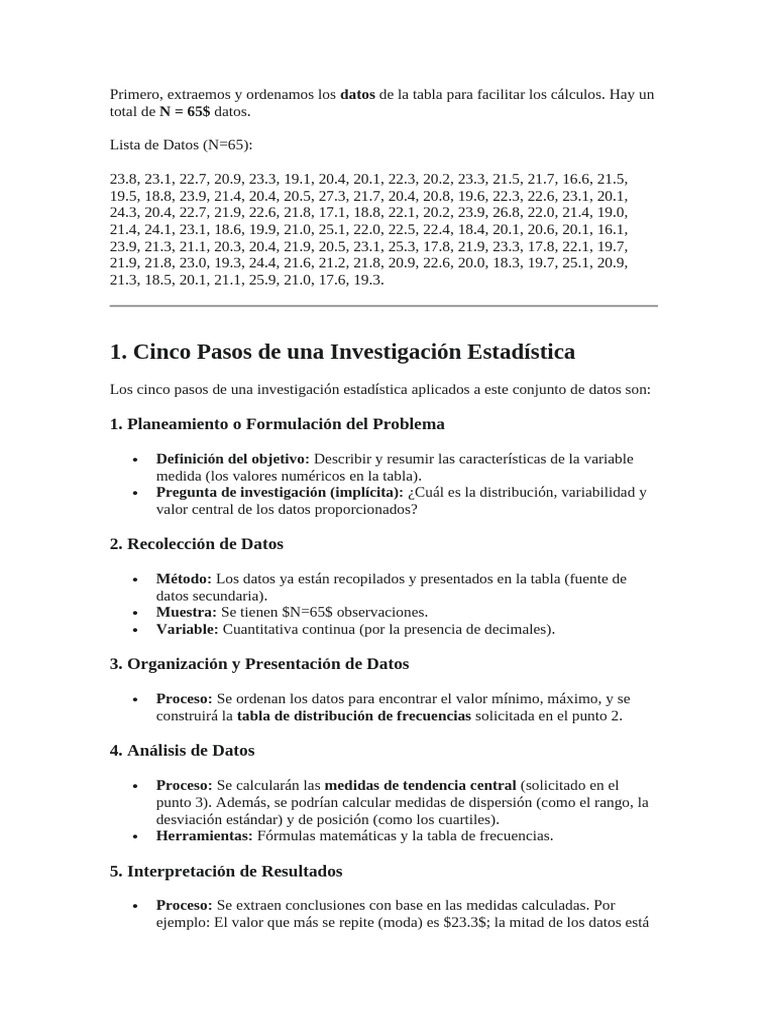 Análisis Estadístico de 65 Datos Numéricos | PDF | Estadísticas ...