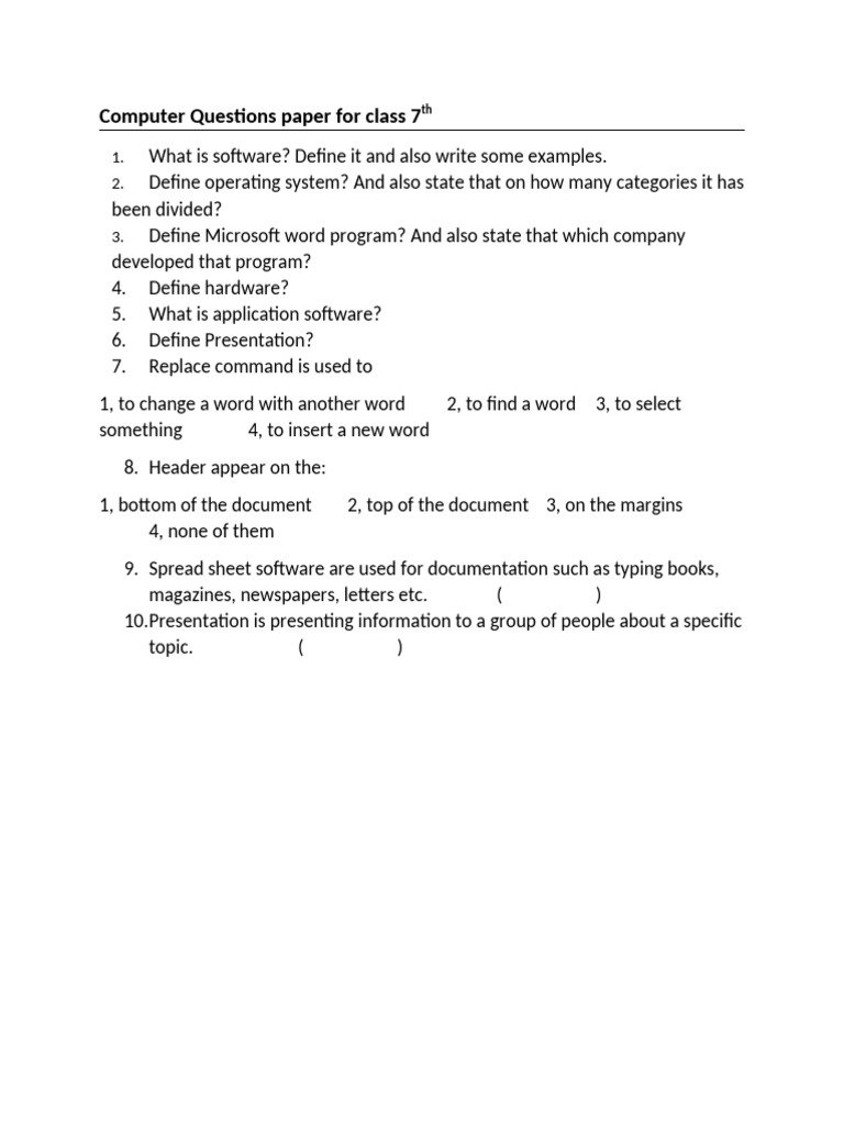 Computer Questions Paper for Class 7th | PDF