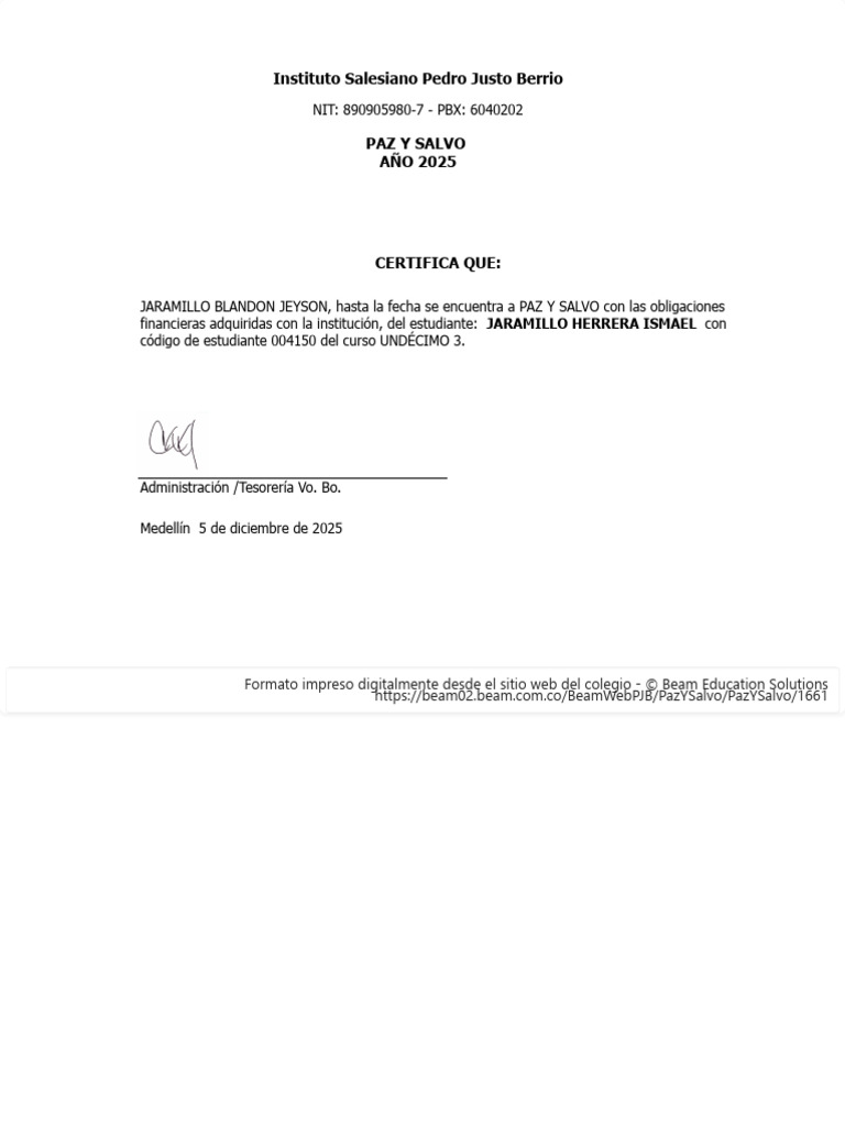 BeamWeb - PAZ Y SALVO Ismael Jaramillo | PDF