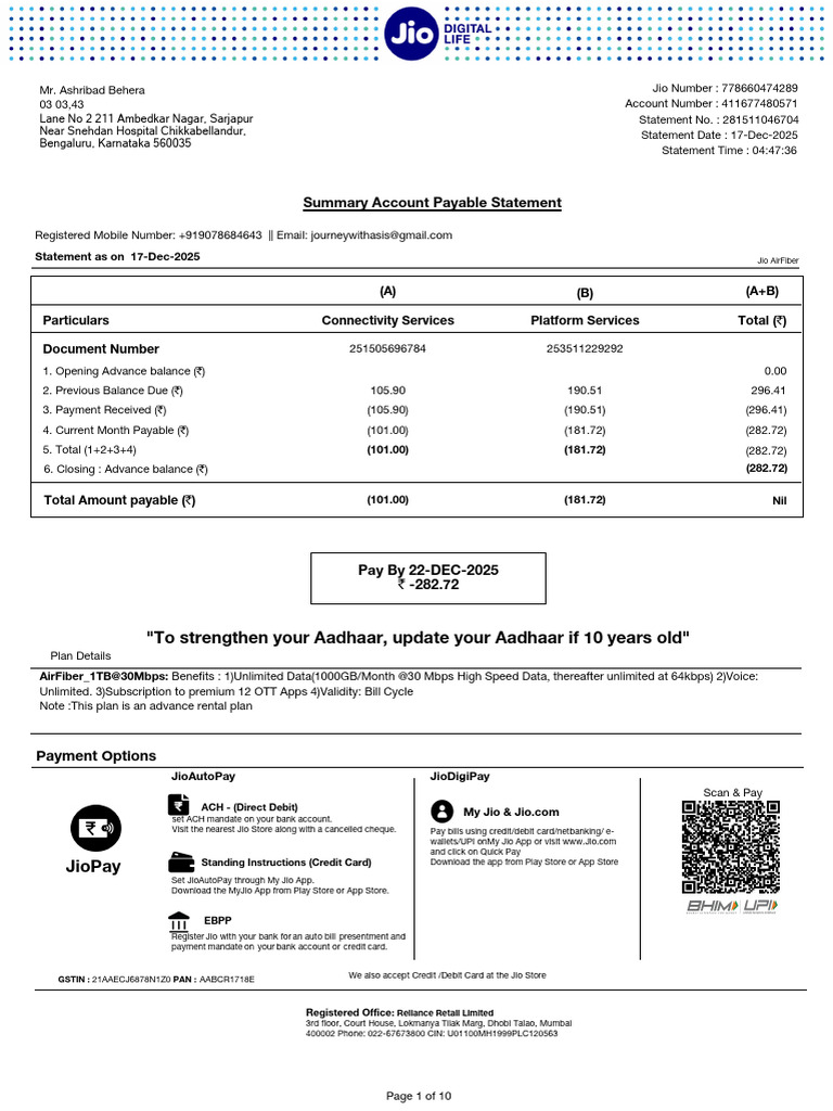 Jio AirFiber Account Statement Summary | PDF | Credit Card | Payments