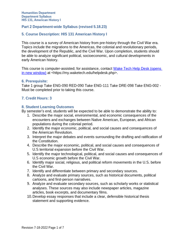 HIS 131 American History I Syllabus | PDF | Plagiarism | Academic ...